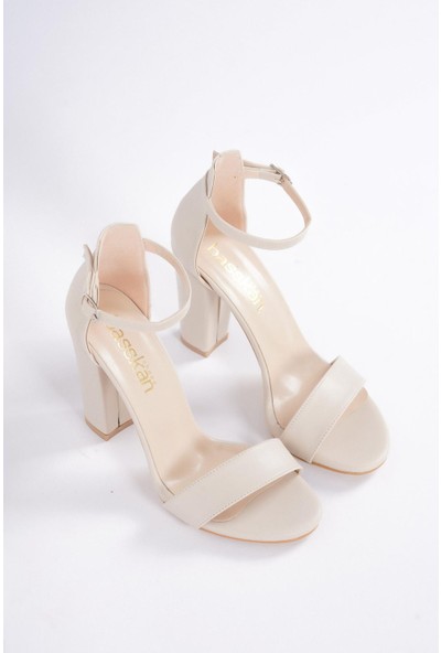 Kobal Business Bayan Bej Yüksek Kalın Topuk Tek Bant Bilekten Bağlamalı