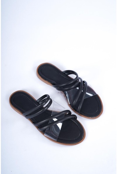 Kobal Business Bayan Siyah Şeffaf Bant Detaylı Bantlı Düz Terlik