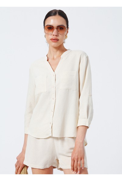 Fabrika V Yaka Düz Bej Kadın Gömlek Rıpon-Y