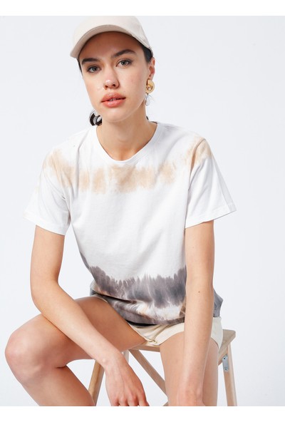 Fabrika Bisiklet Yaka Batik Gri - Kahve Kadın T-Shirt Ton