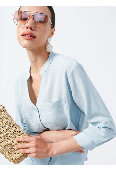 Fabrika V Yaka Düz Mavi Kadın Gömlek Rıpon-Y