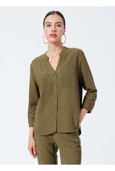 Fabrika V Yaka Düz Haki Kadın Gömlek Rıpon-Y