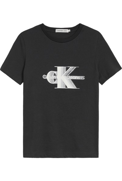 Calvin Klein IB0IB01219-PERFORATED Glow Monogram Bisiklet Yaka Standart Kalıp Düz Siyah Erkek Çocuk T-Shirt