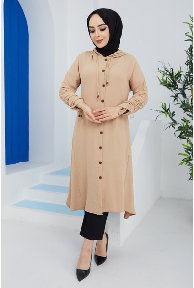 İmaj Butik Kolu Büzgü Detaylı Tesettür Kap/bej