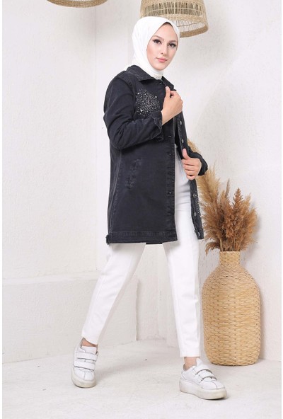 İmaj Butik Taş Detaylı Tesettür Kot Ceket/siyah İmaj Butik Taş Detaylı Tesettür Kot Ceket/siyah