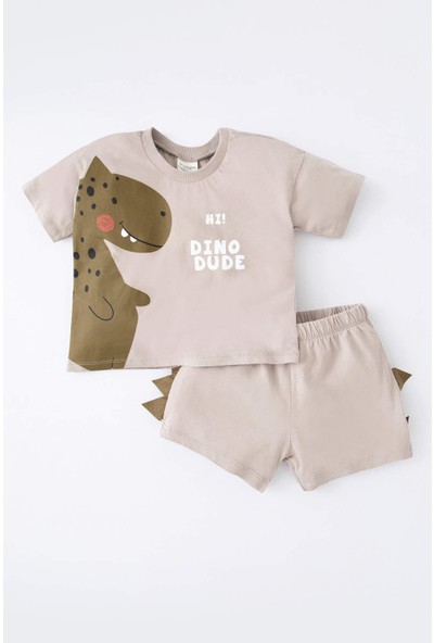 DeFacto Erkek Bebek Regular Fit Bisiklet Yaka Dinozor Baskılı Kısa Kollu Tişort Şort Takım Y5560A222SM