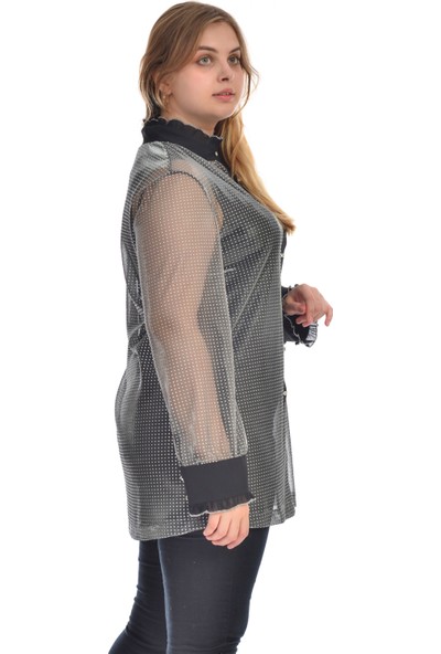 Nur Nisa Büyük Beden Nokta Taş Baskılı Yakası Fırfırlı Tunik