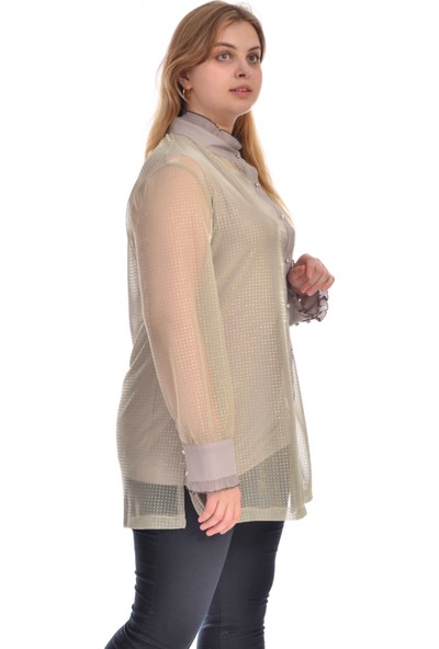 Nur Nisa Büyük Beden Nokta Taş Baskılı Yakası Fırfırlı Tunik