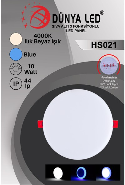 Dünya Led HS.021/2 10W Sıva Altı Akrilik LED Panel 4000K Ilık Beyaz Işık Drıver Hediye Dünya Led HS.021/2 10W Sıva Altı Akrilik LED Panel 4000K Ilık Beyaz Işık Drıver Hediye