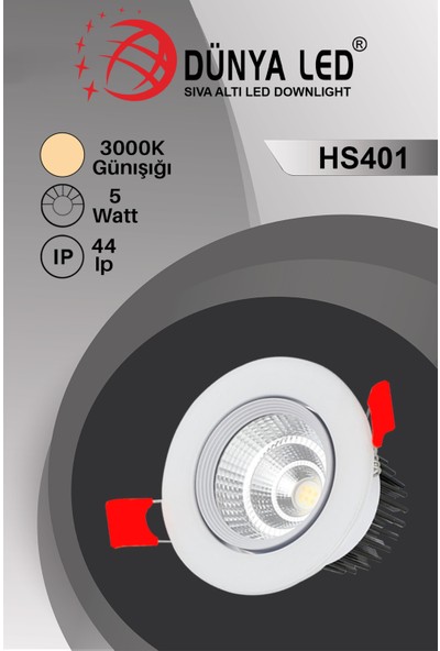 Dünya Led HS.401/3 5W Cob LED Downlıght Beyaz Kasa 3000K Günışığı Drıver Hediye