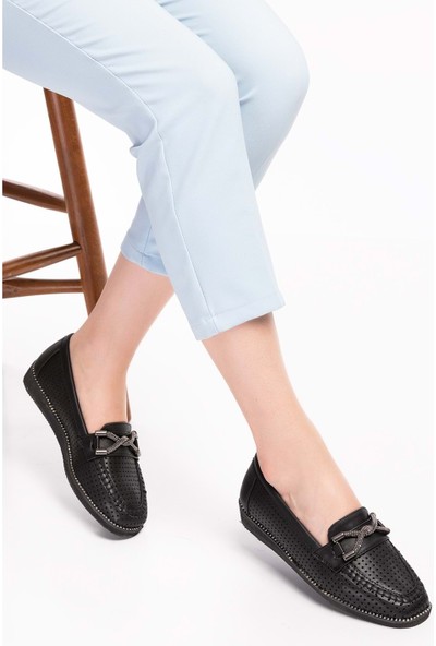 Gondol Taş Fiyonk Tokalı Hafif Günlük Loafer FND.028 - Siyah - 36