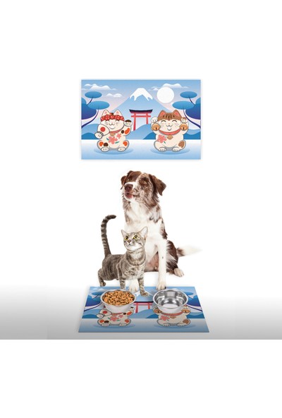 Vagonik Water Food Kedi Köpek Maneki Neko Desenli Dijital Baskılı 35X50CM Dekoratif Çok Amaçlı Iç ve Dış Kapı Paspası Mama Paspası