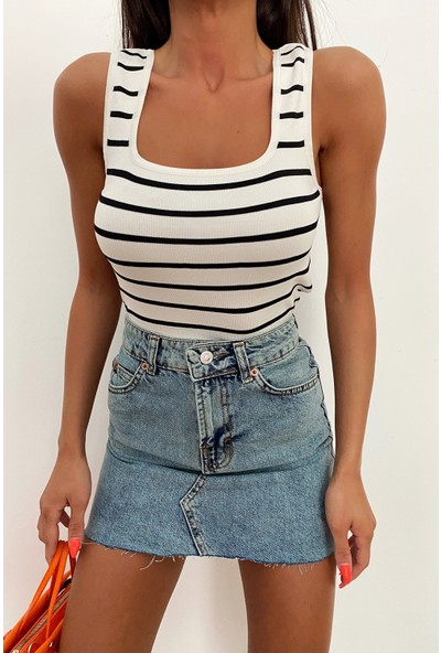 MyLove Nervür Detay Çizgili Crop Krem MyLove Nervür Detay Çizgili Crop Krem