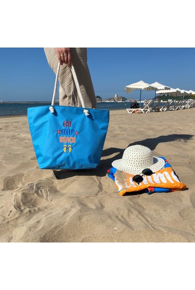 Nakışlı Halat Saplı Kadın Plaj Çanta
