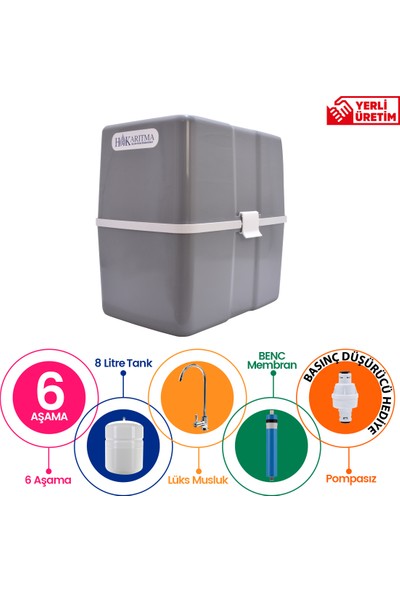 Hak Arıtma 6 Aşamalı Bench Membran 8 lt Çelik Tank Pompasız Su Arıtma Cihazı  H2QX34 Hak Arıtma 6 Aşamalı Bench Membran 8 lt Çelik Tank Pompasız Su Arıtma Cihazı  H2QX34