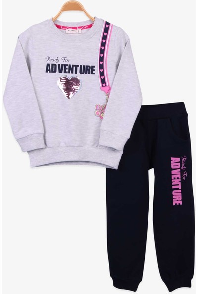 Breeze Kız Çocuk Eşofman Takımı Baskılı Pullu Açık Gri Melanj (4-9 Yaş)