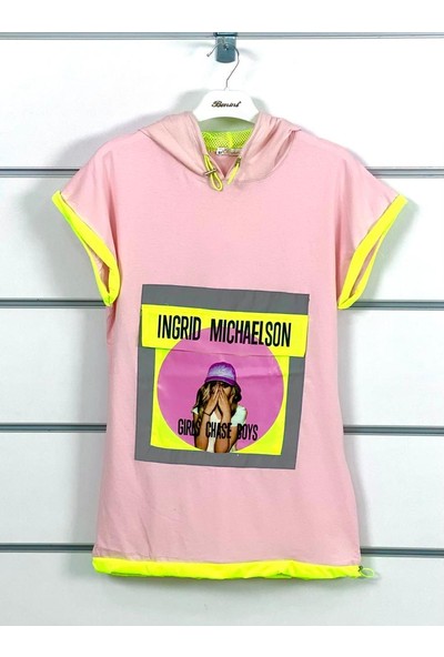 Kız Çocuk Cep Baskılı File Kapüşonlu Tunik Elbise ( 10 - 16 Yaş )