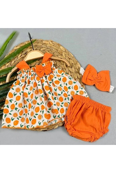 Murat Baby Kız Bebek Mandalina Baskılı Bandanalı Elbise Takım