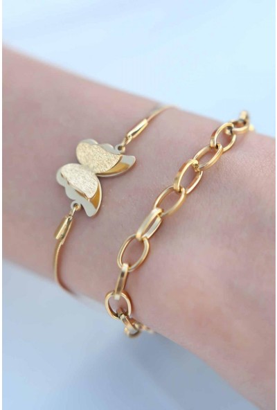 Karazona Kadın Kelebek Figürlü Gold Renk Çelik Bileklik KZ-BB4438