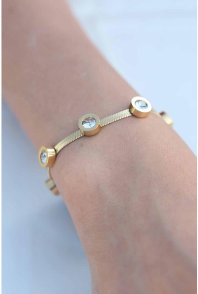 Karazona Kadın 5 Taşlı Italyan Zincir Gold Çelik Bileklik KZ-BB4432