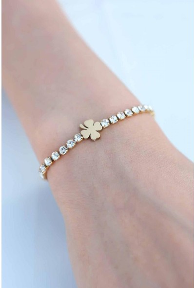 Karazona Kadın Yonca Figürlü Zirkon Taşlı Çelik Bileklik KZ-BB4426
