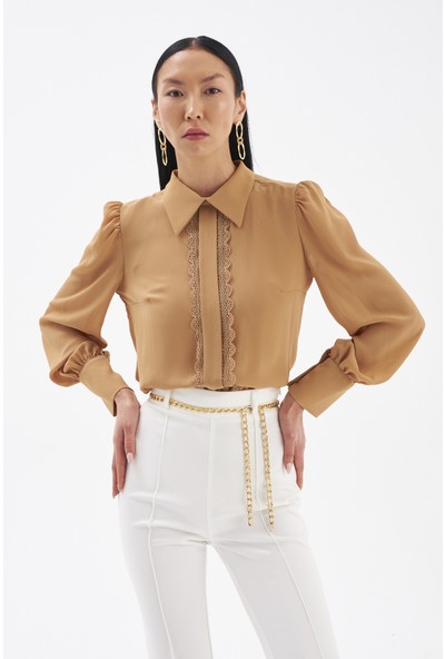 Sateen Dantel Detaylı Bluz - Camel