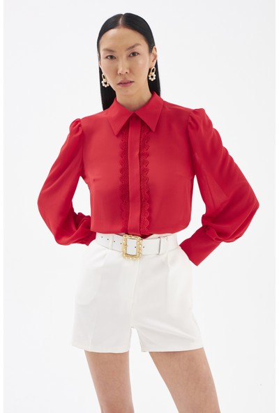 Sateen Dantel Detaylı Bluz - Kırmızı
