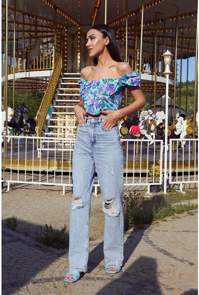 Lime Moda Yırtık Detay Jean Pantolon-Mavi Lime Moda Yırtık Detay Jean Pantolon-Mavi