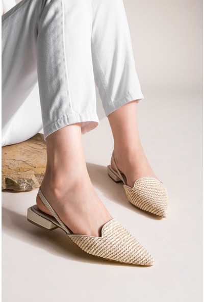 Marjin Kadın Hasır Örgü Günlük Sandalet Sivri Burun Atkılı Babet Hesla