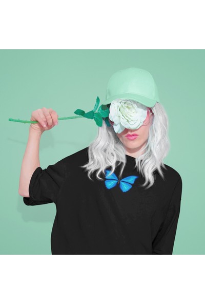 Elfami Mavi Kelebek Baskılı Bol Kesim Sıfır Yaka T-Shirt