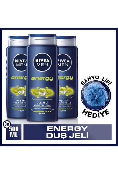 Nıvea Men Energy Duş Jeli,vücut,yüz ve Saç Şampuanı 3X500ML+ Banyo Lifi Nıvea Men Energy Duş Jeli,vücut,yüz ve Saç Şampuanı 3X500ML+ Banyo Lifi