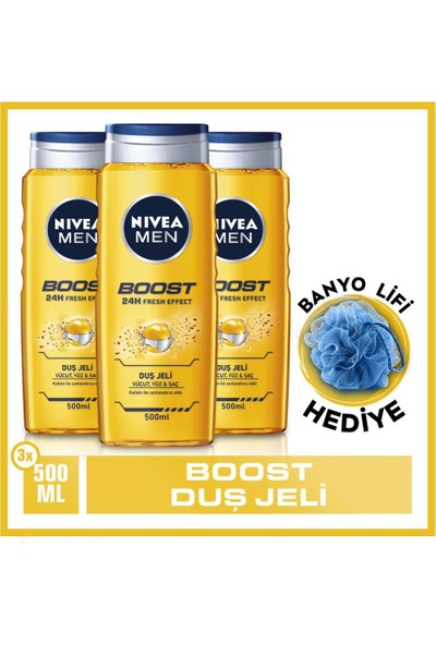 Nıvea Men Boost Duş Jeli,vücut,yüz ve Saç Şampuanı 3X500ML + Banyo Lifi Nıvea Men Boost Duş Jeli,vücut,yüz ve Saç Şampuanı 3X500ML + Banyo Lifi