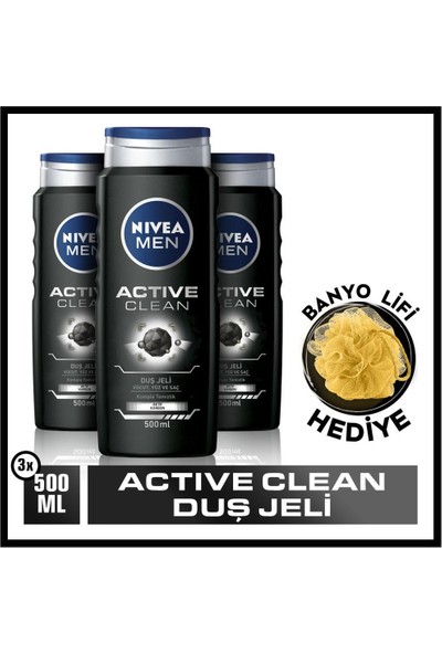 Nıvea Men Active Clean Duş Jeli,vücut,yüz ve Saç Şampuanı 3X500ML + Banyo Lifi Nıvea Men Active Clean Duş Jeli,vücut,yüz ve Saç Şampuanı 3X500ML + Banyo Lifi