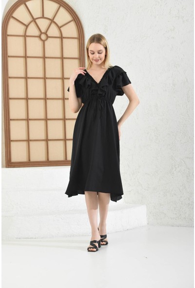 4over4 V Yaka Fırfırlı Elbise