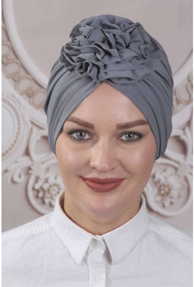 Moda Çizgi Güllü Bone Gri