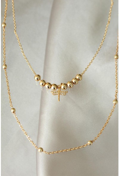 Clariss Yusufçuk Detaylı Çift Zincir Gold Metal Kadın Kolye
