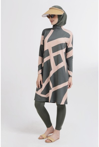 Alfasa Çizgili Desen Uzun Tasarım Kapalı Tesettür Mayo 21626