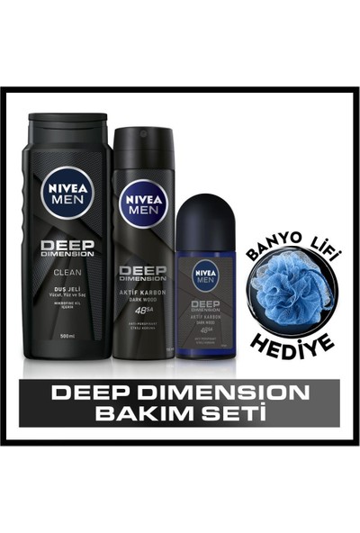 Nıvea Men Deep Dimension Duş Jeli 500ML+ Sprey Deodorant 150ML + Roll On Deodorant 50ML + Banyo Lifi Nıvea Men Deep Dimension Duş Jeli 500ML+ Sprey Deodorant 150ML + Roll On Deodorant 50ML + Banyo Lifi