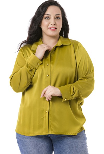 Disentis Modest Büyük Beden Saten Dokulu Manşetli Fıstık Yeşili Gömlek