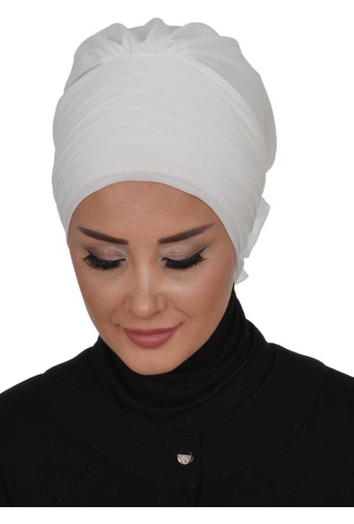 Moda Çizgi Çapraz Dikim Tasarım Şifon Hazır Türban Beyaz