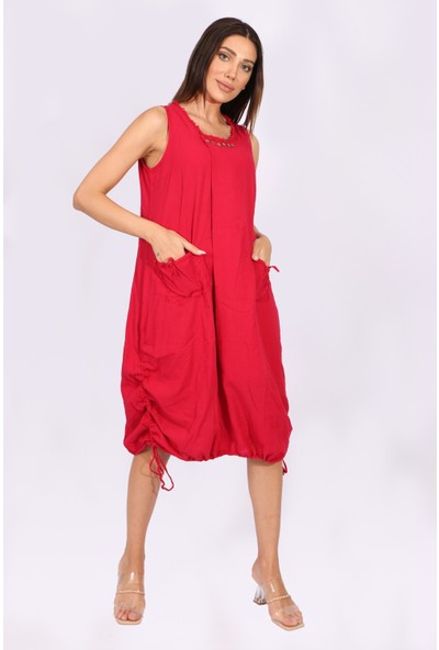 Poyralı Moda Pamuk Dokuma Elbise Kırmızı Poyralı Moda Pamuk Dokuma Elbise Kırmızı