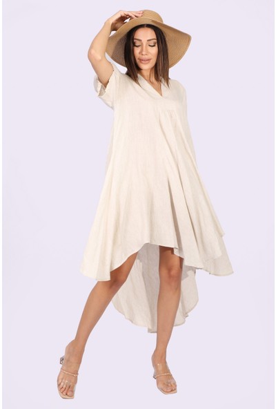 Poyralı Moda Keten Elbise Ekru