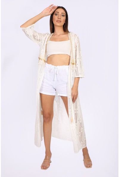 Poyralı Moda Dantel Pareo Beyaz