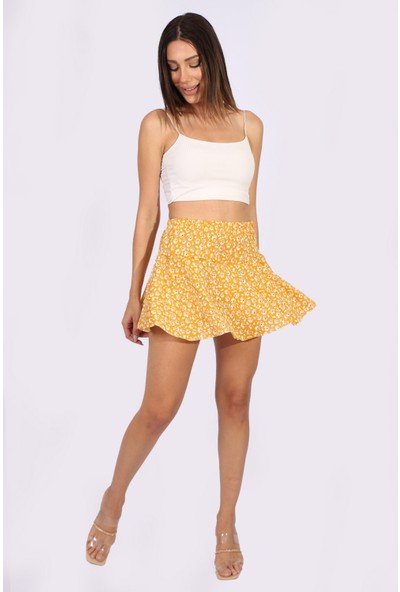 Likralı Penye Şortlu Etek Limon Sarısı