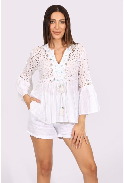 %100 Pamuklu Bluz Beyaz