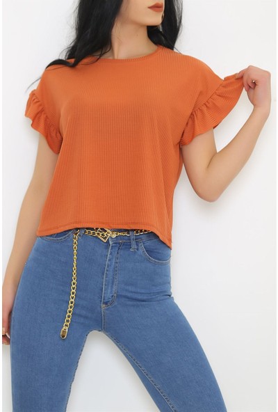 Kol Fırfırlı Kaşkorse Bluz Kiremit - 5042.1234. Kol Fırfırlı Kaşkorse Bluz Kiremit - 5042.1234.