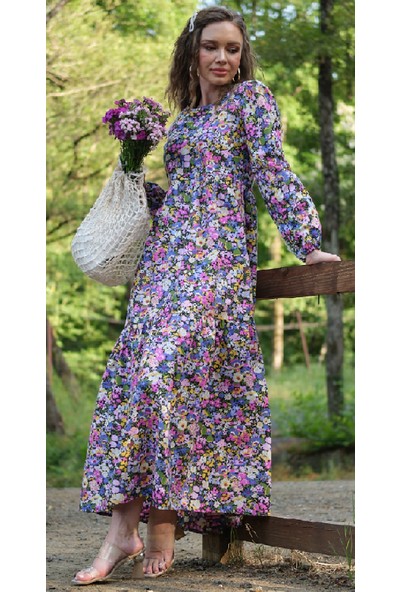 Tesettür Lila Çok Çiçekli Kat Kat Elbise