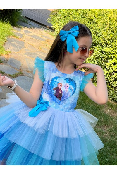 Yaren Kids Kız Çocuk Elsa Pul Payet Uzun Elbise