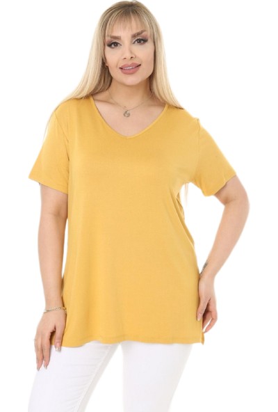 Fierte Kadın Büyük Beden Bluz BK22148 V Yaka Kısa Kol Yırtmaç Detay Basic Penye
