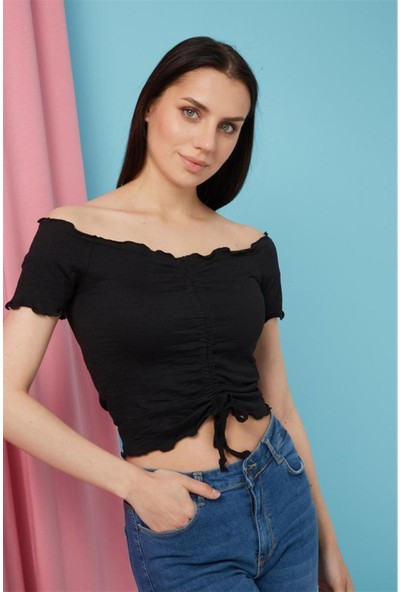 Kadın Önü Büzgülü Crop Bluz